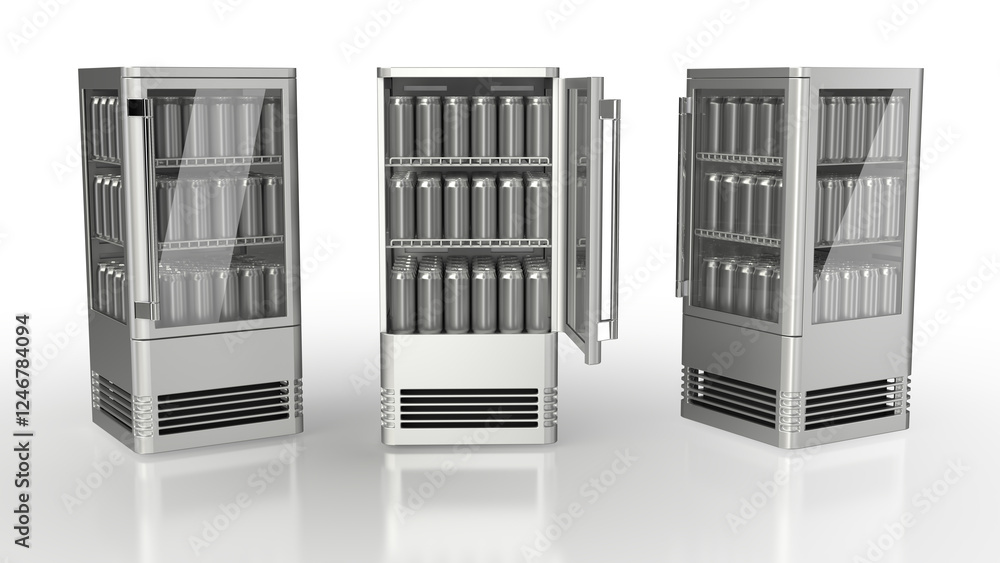 Poster Retail refrigerated display cabinet with blank aluminum cans and ...
