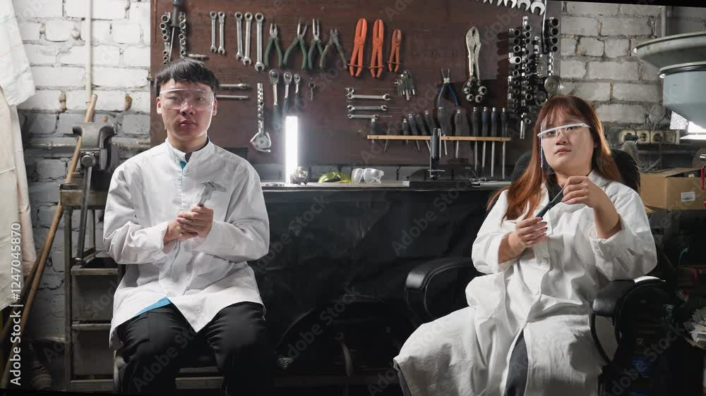 Chinese lab technicians seated in automotive workshop, boy holding ...