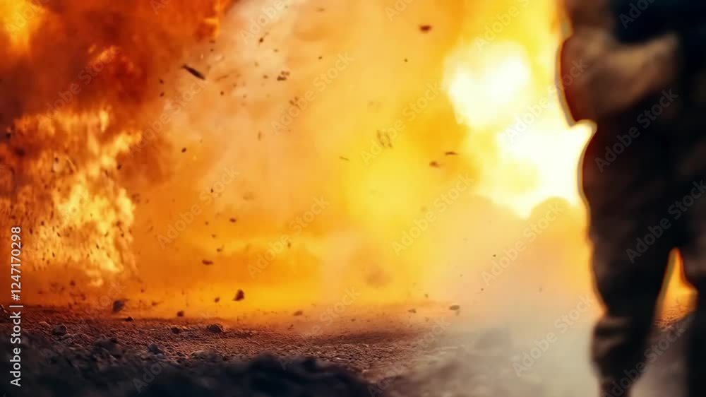 Scene of a soldier running to avoid explosions, smooth repetitive ...