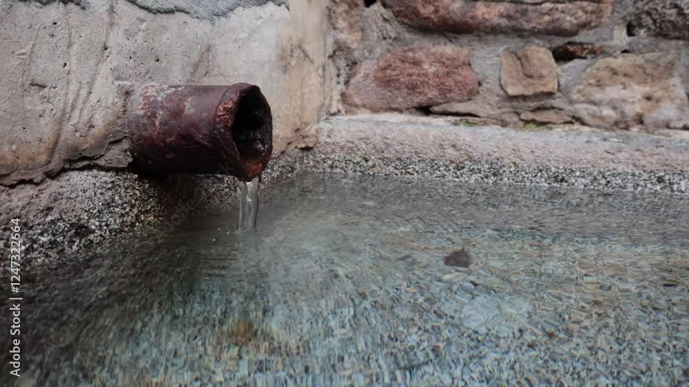 Depicts a rustic water spout from which clear water flows, surrounded ...