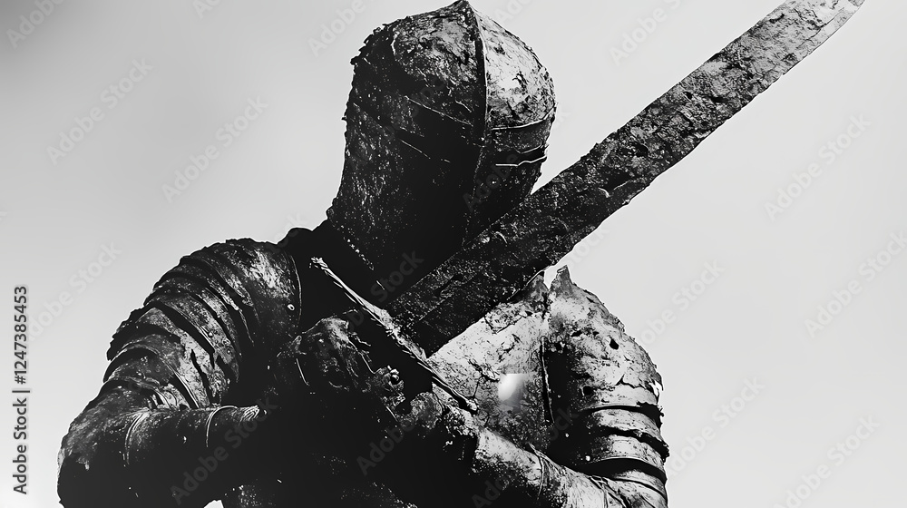 Poster A battle-worn knight with a cursed sword, clad in dark, cracked ...