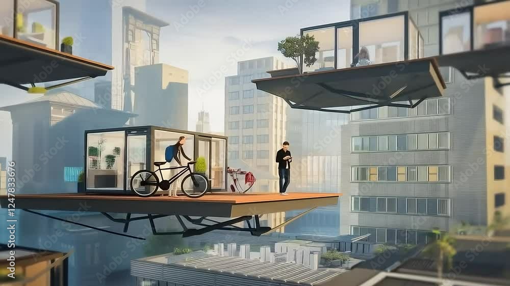 Futuristic city concept with floating modular homes and residents, a ...