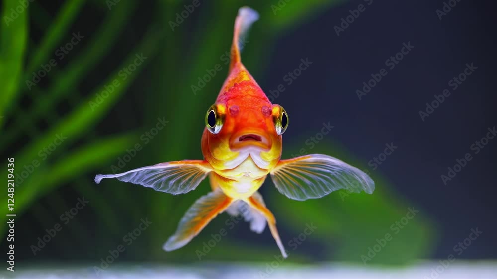 Close-up video of a vibrant goldfish swimming, captured from a front ...