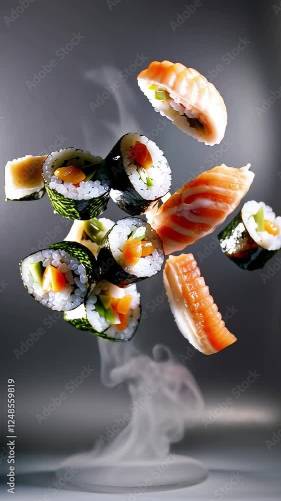 beautifully crafted sushi pieces floating weightlessly in mid-air ...