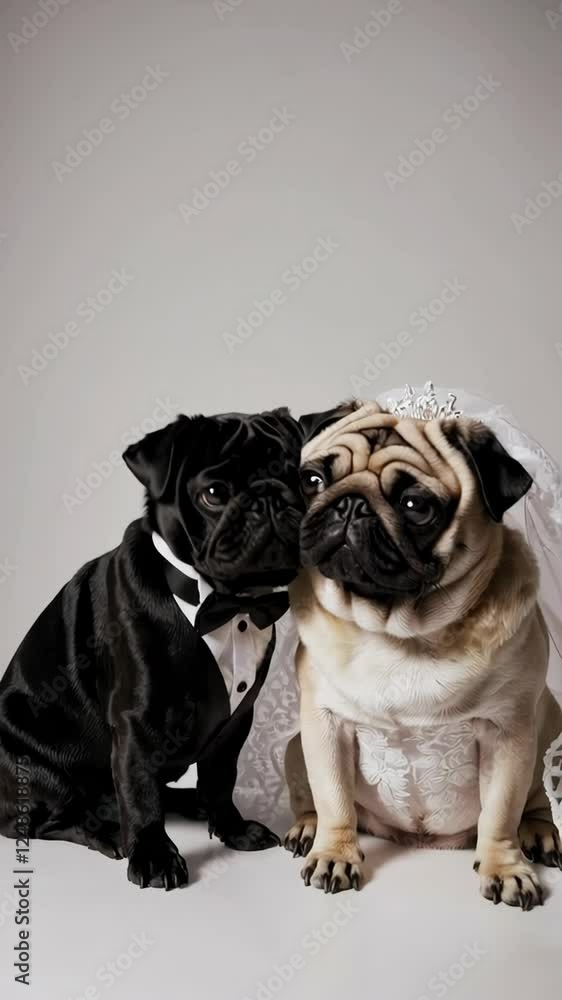 Two pugs dressed as a bride and groom sit side by side in a studio ...