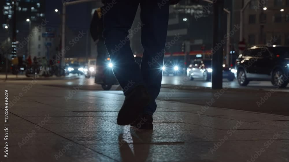 Rear side view male feet steps walking street at night. Man wearing ...