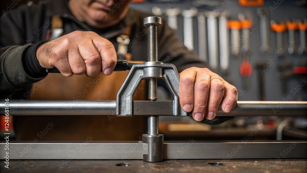 Poster A medium closeup featuring the fabricator adjusting a clamp on a ...