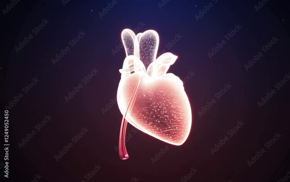 A stylized animation of a beating heart. The heart is translucent, with ...