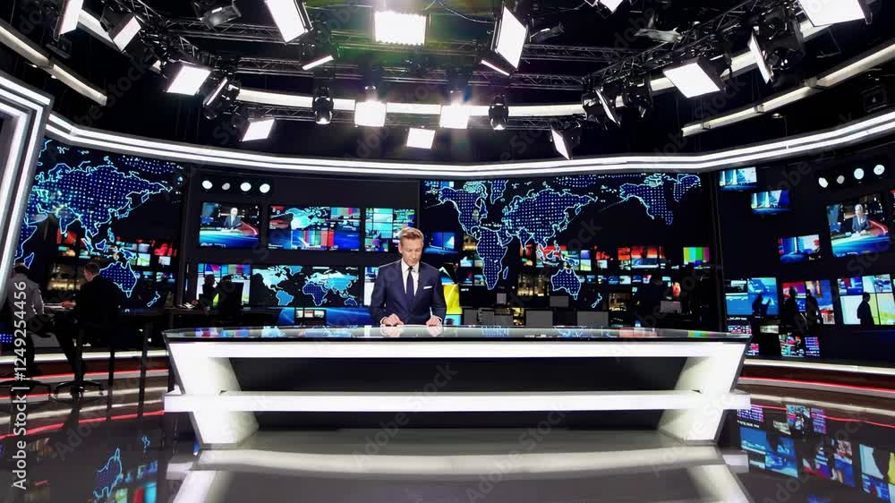 Professional news anchor reporting live from high tech studio ...