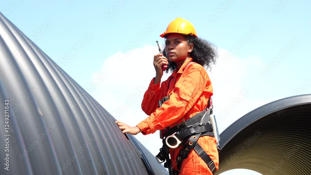 VDO 4K, A black female mechanical engineer in a safety uniform inspects ...