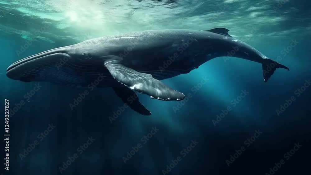 Scene A blue whale swims alone in the deep sea, smooth repetitive ...