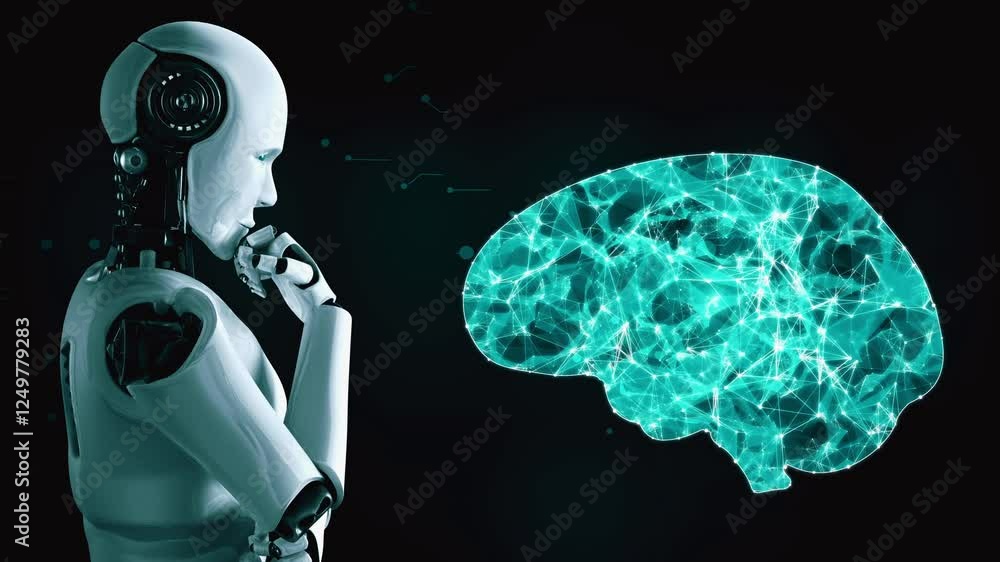 Thinking AI hominoid robot analyzing hologram screen showing concept of ...