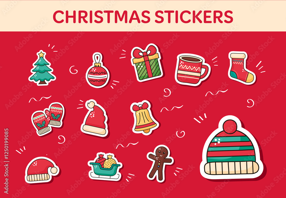Happy Merry Christmas Stickers Set with Festive Illustrations Stock ...