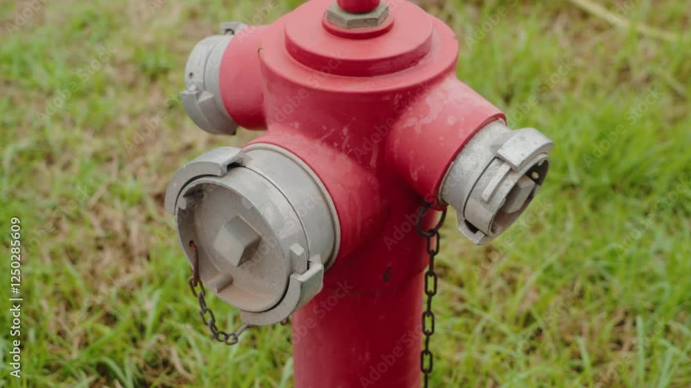 Vidéo Stock Red fire hydrant standing in green grass. Close-up view of ...