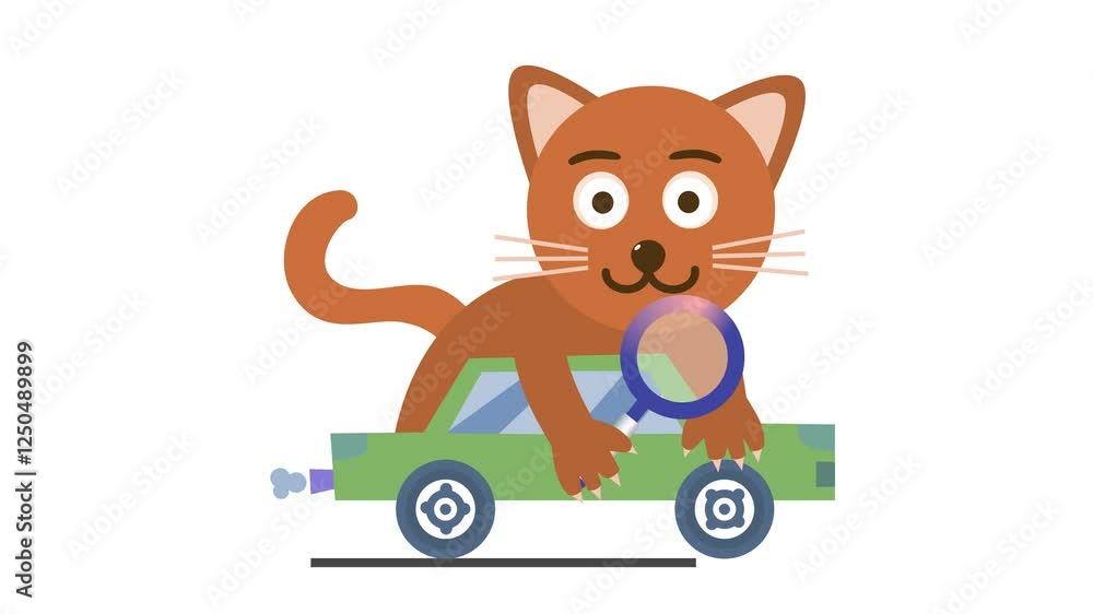 An animated cartoon cat with a magnifying glass sits behind the wheel ...