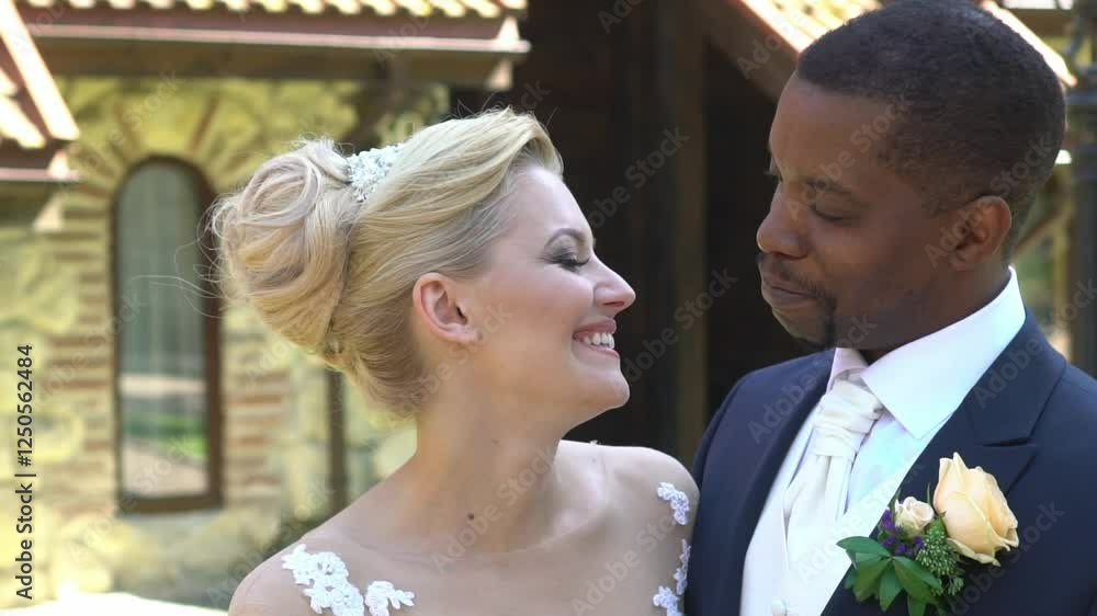 Wedding couple in love. Mixed-race marriage celebration. Mixed-race ...
