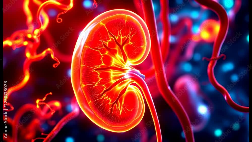 Glowing Kidney Anatomy Illustration with Blood Vessels and Internal ...