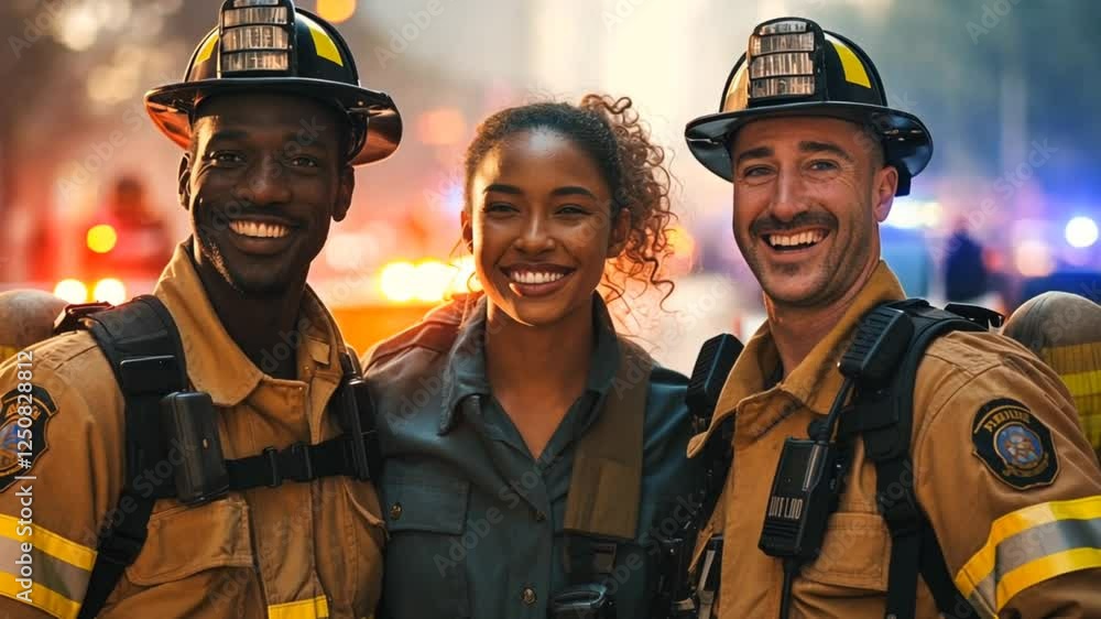 A police officer, a firefighter, and a female paramedic. They look ...