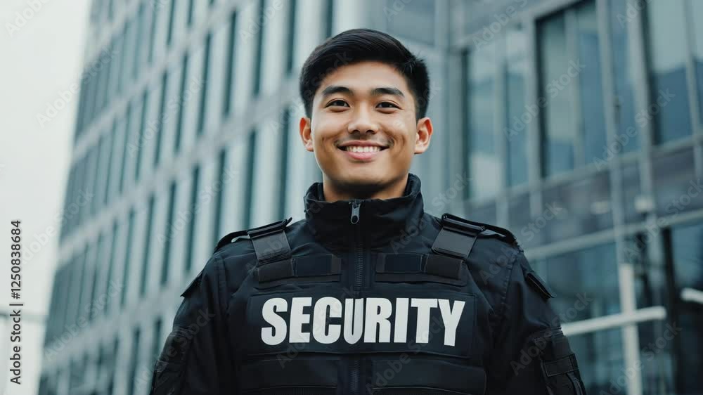 Young man security guard at night by modern office building in the city ...