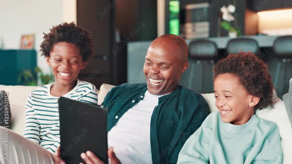 Selfie, funny face and dad with kids on sofa for social media, profile ...