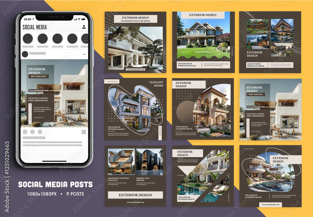 Real Estate Social Media Square Posts Set with Exterior Design in ...