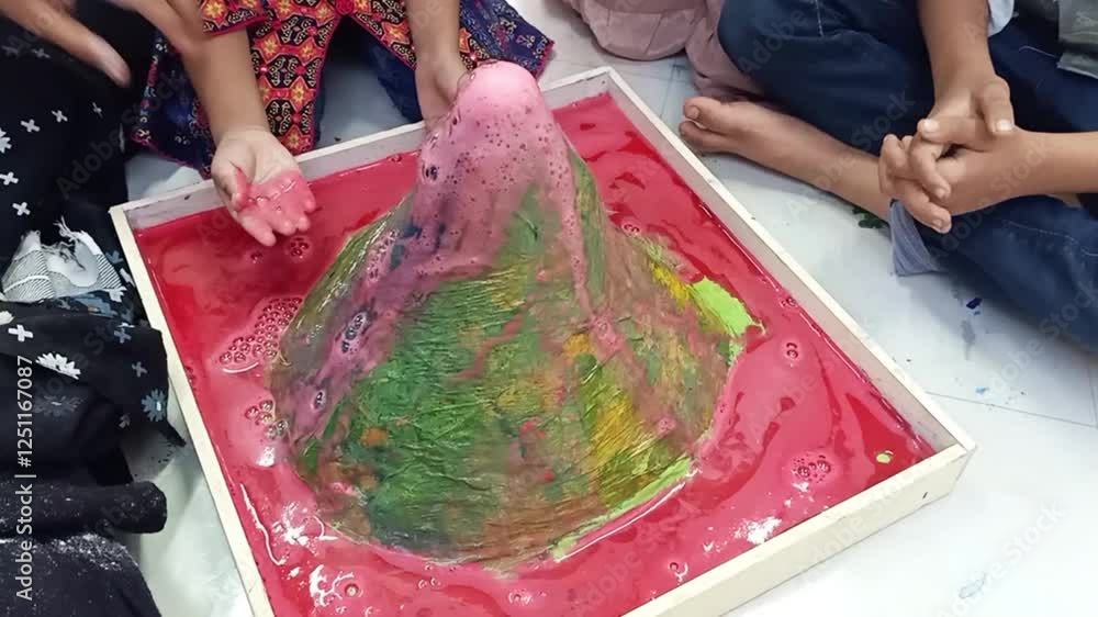 A scene of lava erupting from a volcano. Children are shown how lava ...