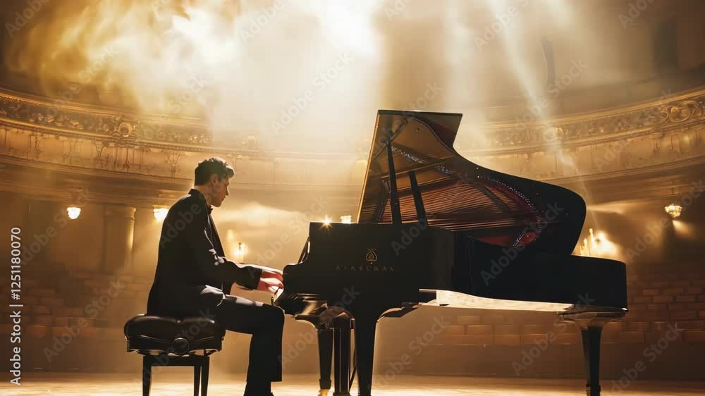 A pianist in a formal suit plays a grand piano on an elegant concert ...