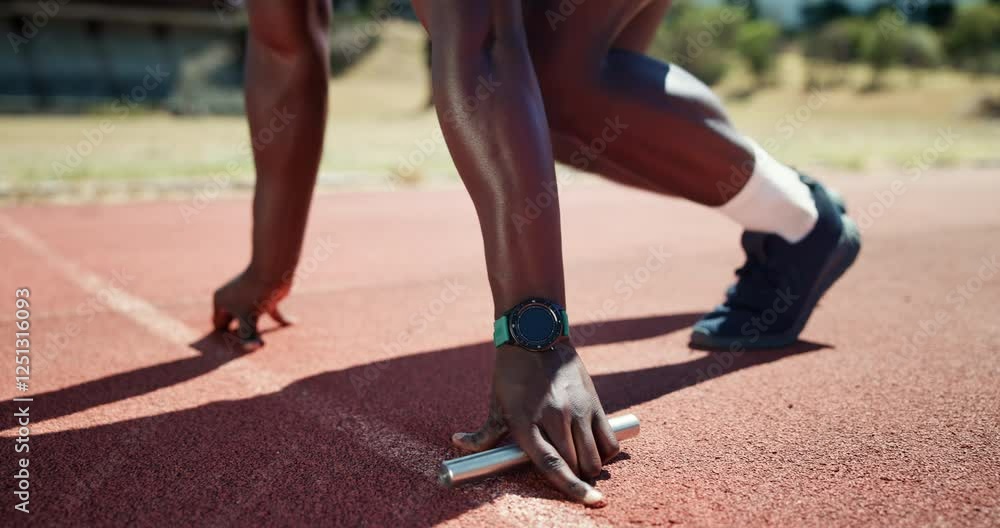 Relay runner, hands and start line on track with speed, launch and ...