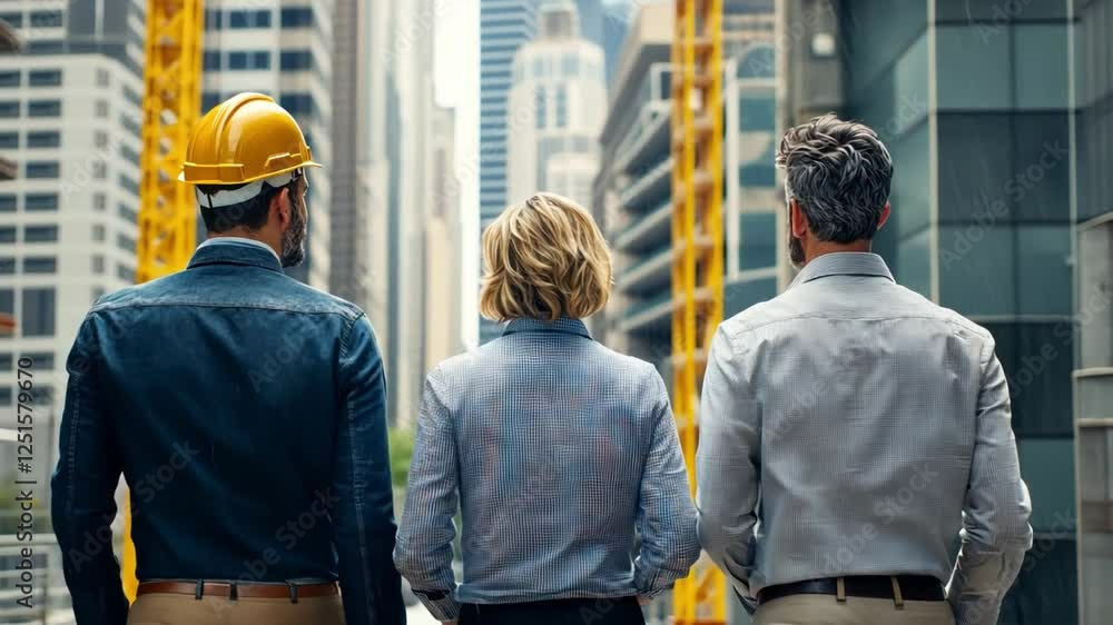Urban Construction Vision: Three professionals—a woman and two men, one wearing a hard hat—stand ...