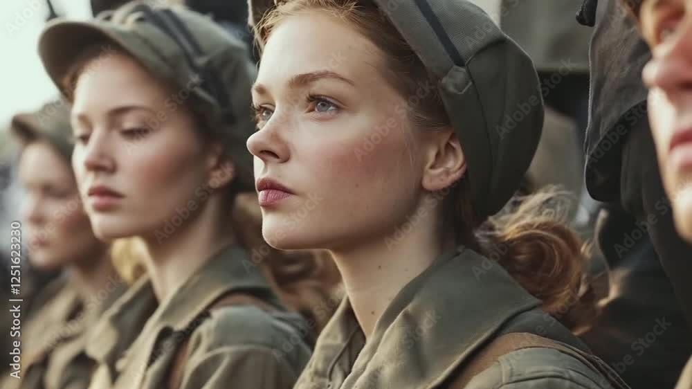 Scene of female soldiers in World War II setting, smooth repeating ...
