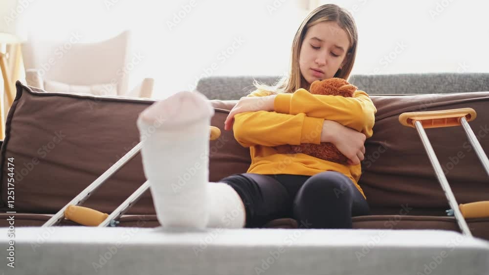 Young girl with broken leg cast sitting on sofa. Sad little kid hugging ...