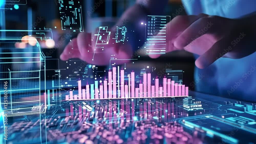 Software engineer interacting with a holographic interface in augmented reality, programming a ...