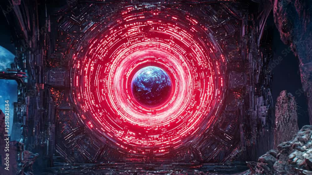 Circular portal through which Earth is visible, illuminated by vibrant ...