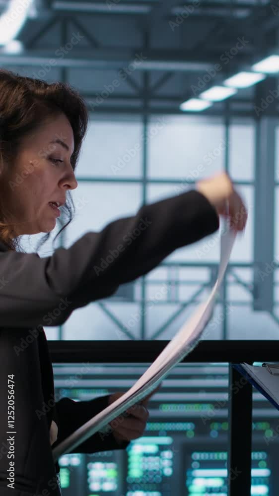 Vertical video Data center team examines paperwork files in server room ...