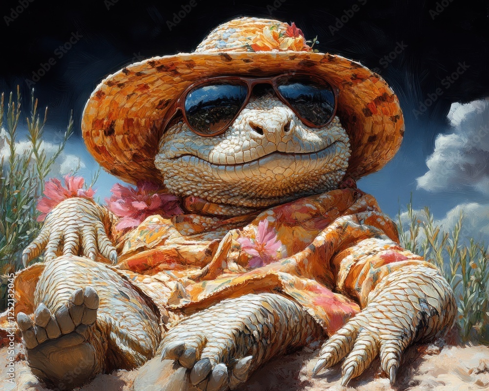 Poster Gila Monster in a sunbather's outfit, relaxing under desert sun ...