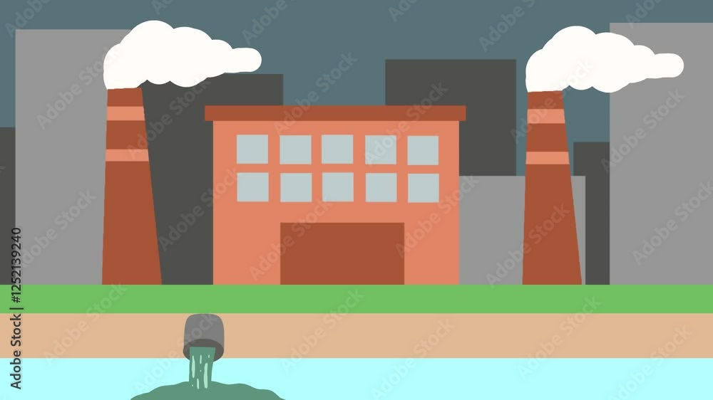 An animation of a factory releasing smoke, causing air pollution, and ...