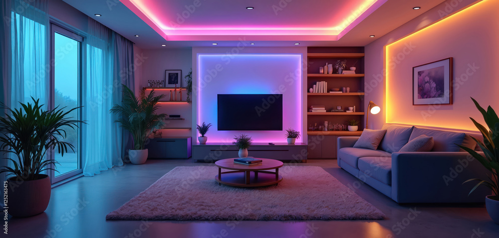 Modern living room with led strip lights. Contemporary house interior ...