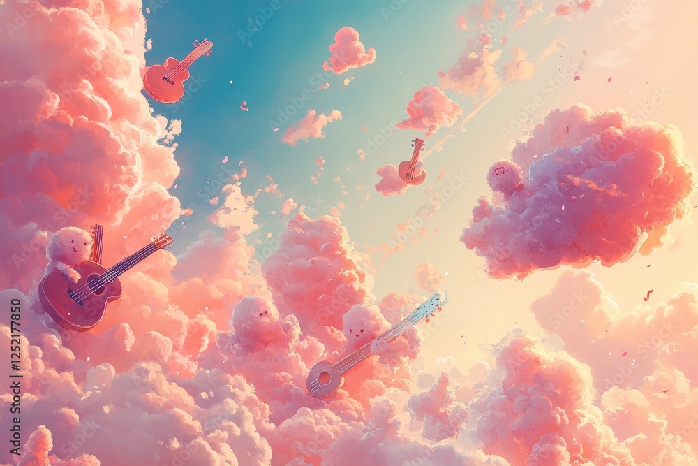 Poster Dreamy sky filled with clouds guitars and musical notes – Wall ...