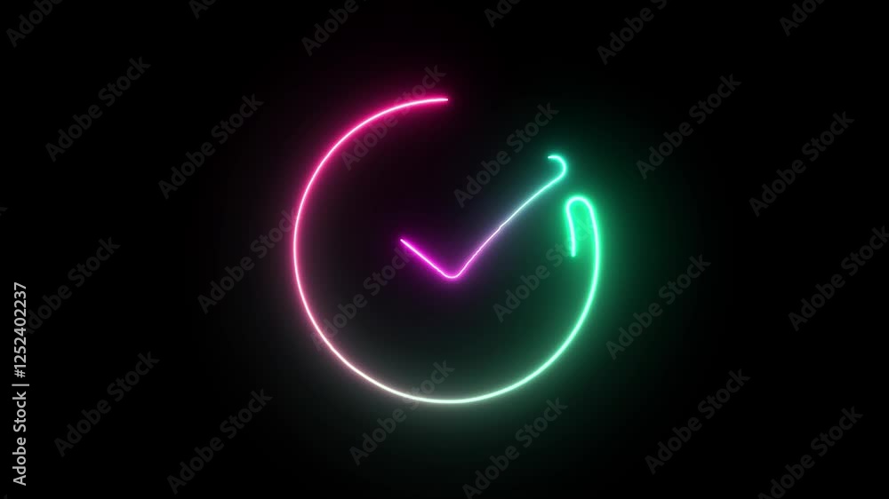 Neon animation of check mark sign. Neon glowing green check mark icon ...