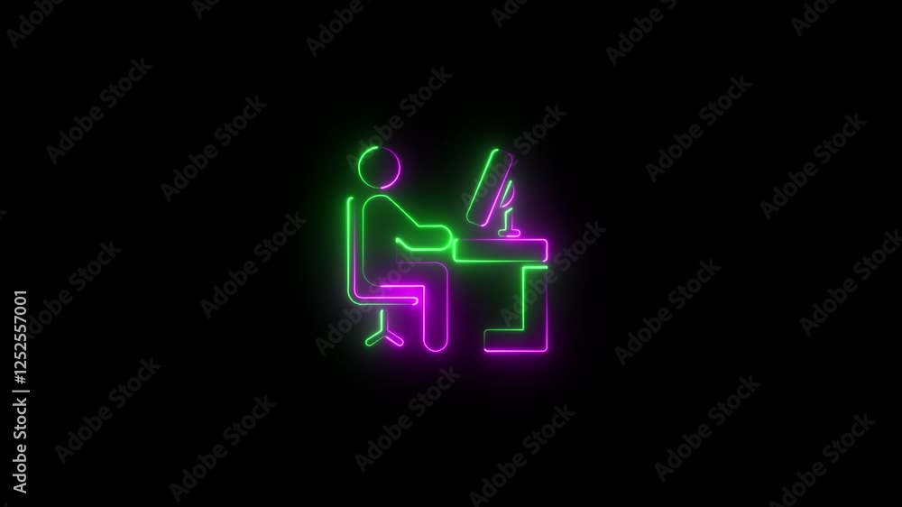 neon light man working on laptop symbol, Pictogram man sits at a table ...