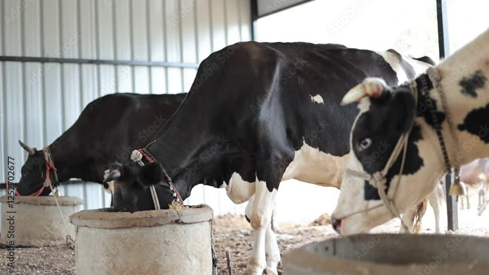 cattle breeding, black and white beautiful cow with tags in ears and ...