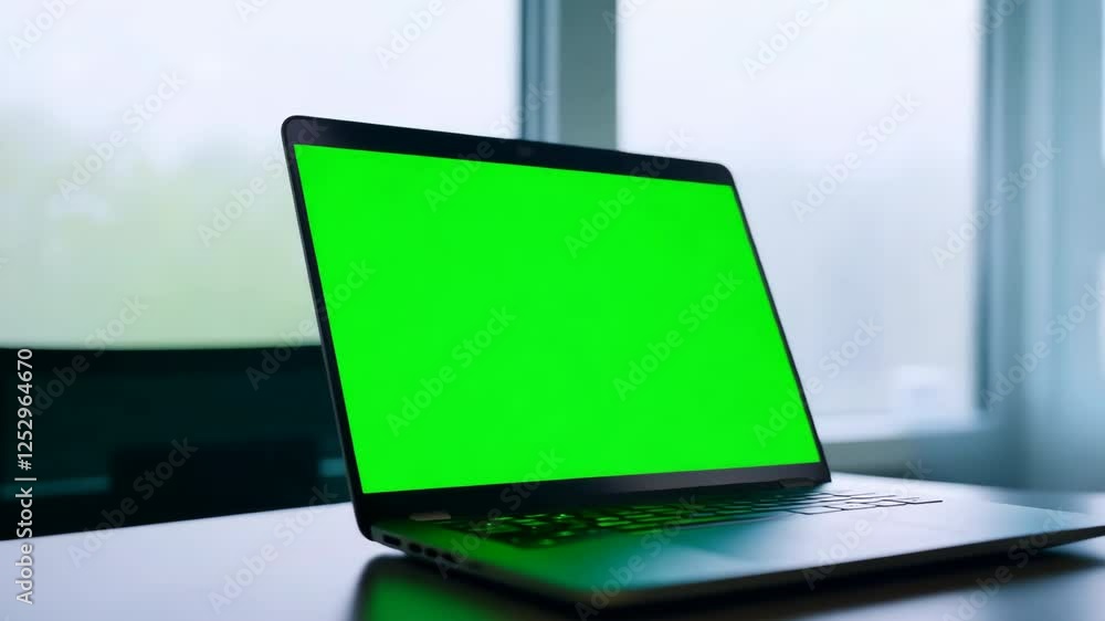 Laptop with blank green screen on a table. Interior of living room ...