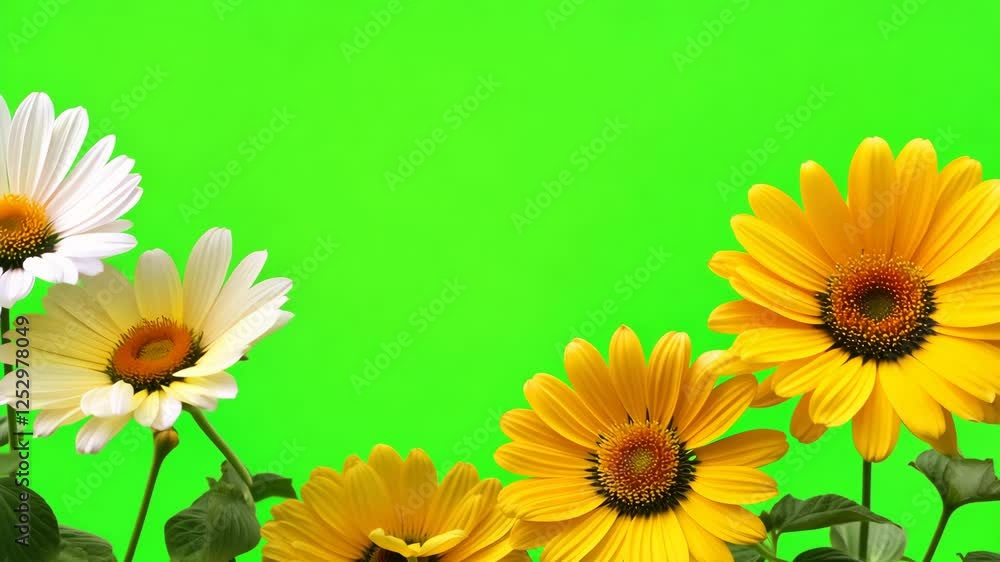 Yellow daisy flowers on a green screen. Vibrant flower heads on a green ...