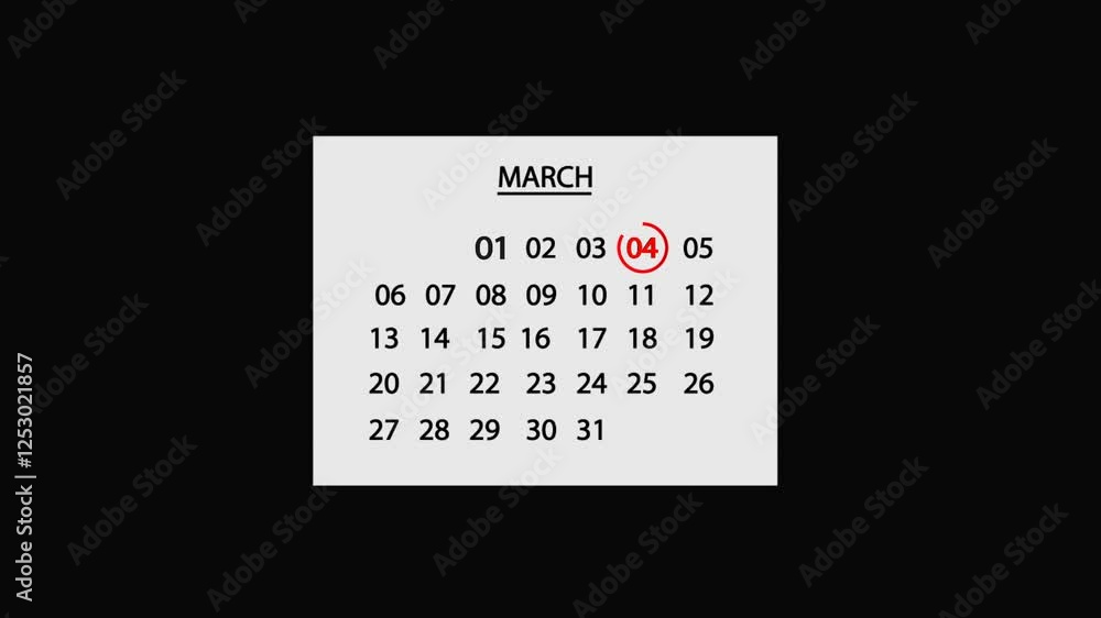 4 March Calendar Date Animation on black background. Calendar date icon ...