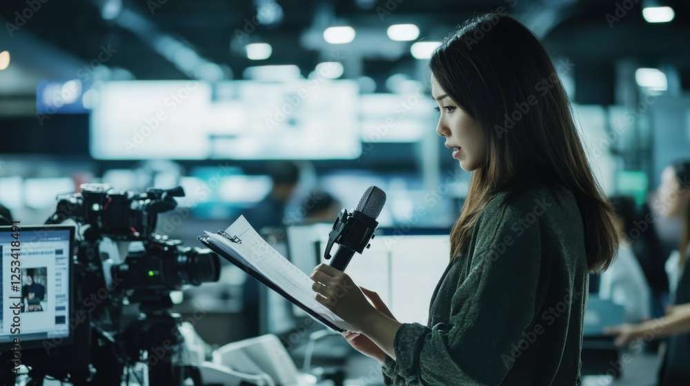 Poster A journalist conducting an interview with a microphone and ...