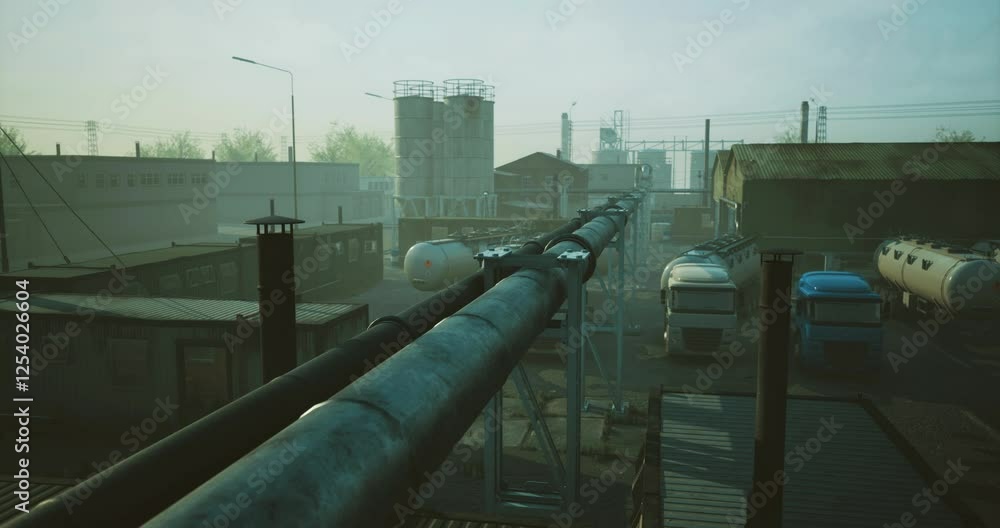 Morning light softly illuminates a complex of containers and storage ...