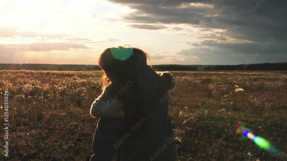 mother child hug sunset, family happiness run, dream child girl running ...
