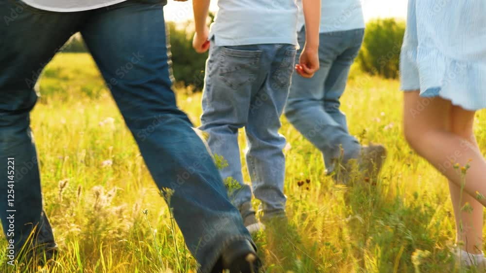 father child kid running green summer meadow, many children playing ...