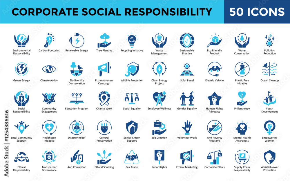 Poster Corporate Social Responsibility icons set with environmental ...