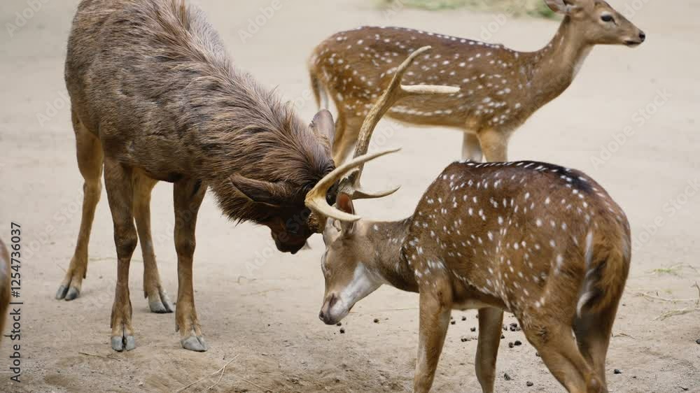 Stockvideon Axis deer bucks battling fiercely within group, locking ...